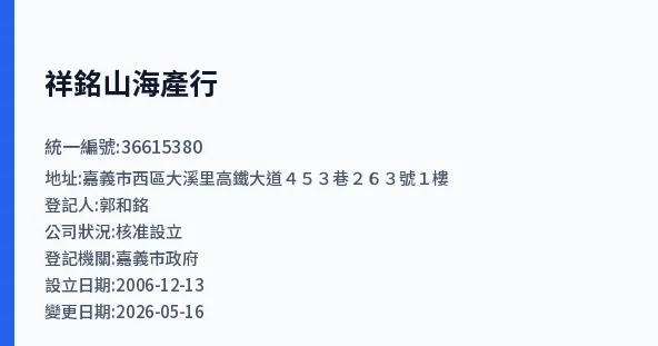 祥銘山海產行的照片-統編 36615380(嘉義市) 公司登記資料與營業項目詳細圖表