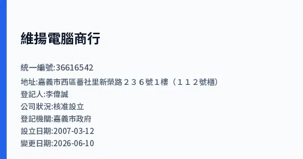 維揚電腦商行的照片-統編 36616542(嘉義市) 公司登記資料與營業項目詳細圖表
