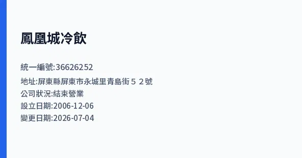鳳凰城冷飲的照片-統編 36626252(屏東縣) 公司登記資料與營業項目詳細圖表