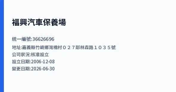 福興汽車保養場的照片-統編 36626696(嘉義縣) 公司登記資料與營業項目詳細圖表