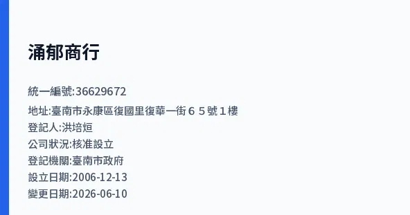 涌郁商行的照片-統編 36629672(臺南市) 公司登記資料與營業項目詳細圖表