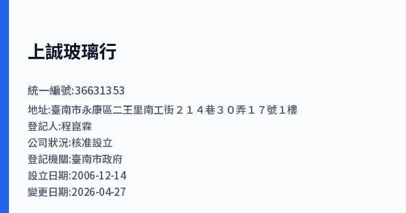 上誠玻璃行的照片-統編 36631353(臺南市) 公司登記資料與營業項目詳細圖表