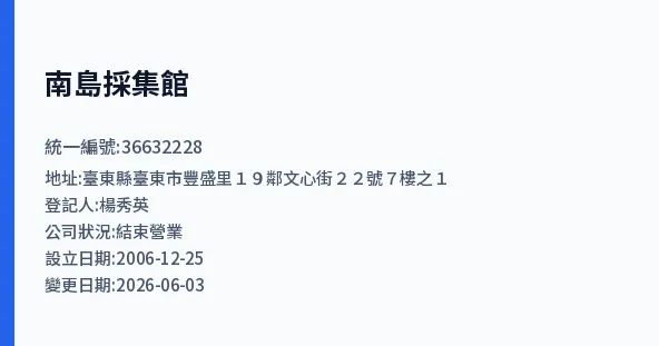 南島採集館的照片-統編 36632228(臺東縣) 公司登記資料與營業項目詳細圖表