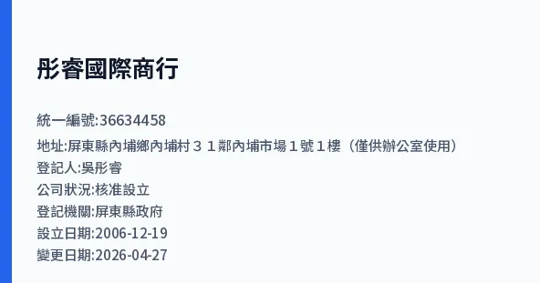 彤睿國際商行的照片-統編 36634458(屏東縣) 公司登記資料與營業項目詳細圖表
