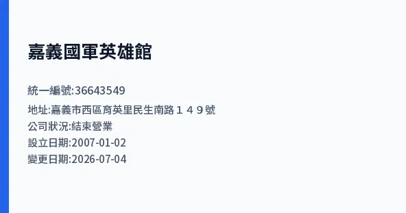嘉義國軍英雄館的照片-統編 36643549(嘉義市) 公司登記資料與營業項目詳細圖表