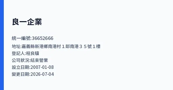 良一企業的照片-統編 36652666(嘉義縣) 公司登記資料與營業項目詳細圖表