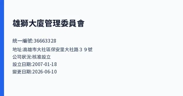 雄獅大廈管理委員會的照片-統編 36663328(高雄市) 公司登記資料與營業項目詳細圖表