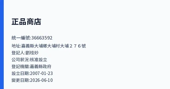 正品商店的照片-統編 36663592(嘉義縣) 公司登記資料與營業項目詳細圖表