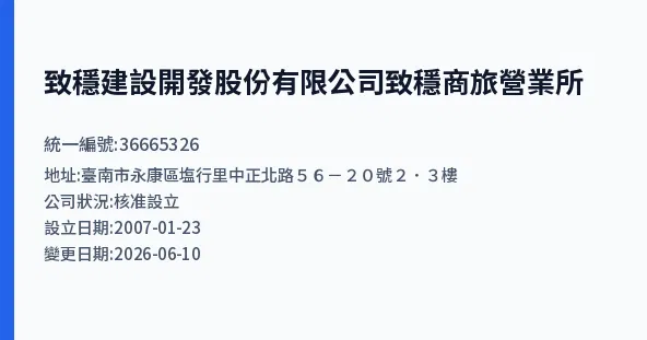 致穩建設開發股份有限公司致穩商旅營業所的照片-統編 36665326(臺南市) 公司登記資料與營業項目詳細圖表