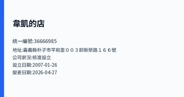 韋凱的店的照片-統編 36666985(嘉義縣) 公司登記資料與營業項目詳細圖表