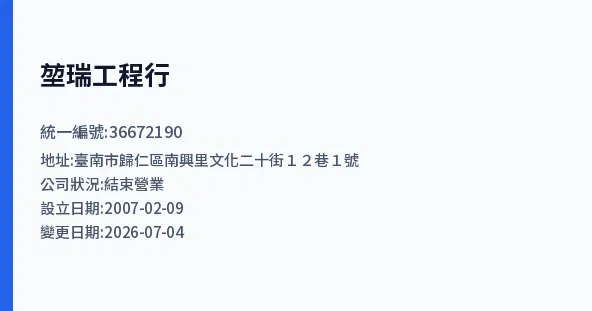 堃瑞工程行的照片-統編 36672190(臺南市) 公司登記資料與營業項目詳細圖表