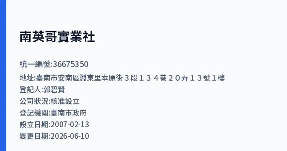 南英哥實業社的照片-統編 36675350(臺南市) 公司登記資料與營業項目詳細圖表