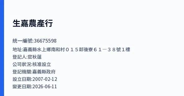 生嘉農產行的照片-統編 36675598(嘉義縣) 公司登記資料與營業項目詳細圖表