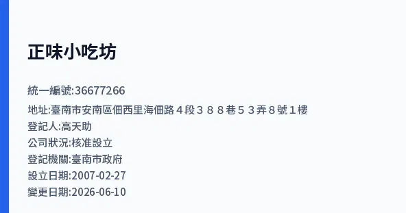 正味小吃坊的照片-統編 36677266(臺南市) 公司登記資料與營業項目詳細圖表