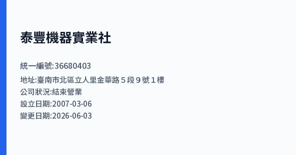 泰豐機器實業社的照片-統編 36680403(臺南市) 公司登記資料與營業項目詳細圖表