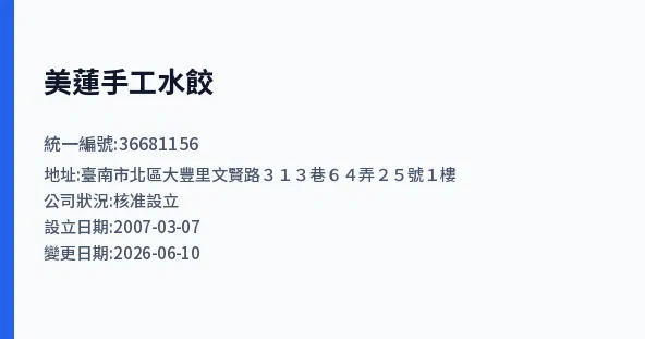 美蓮手工水餃的照片-統編 36681156(臺南市) 公司登記資料與營業項目詳細圖表