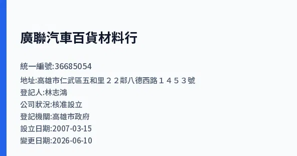 廣聯汽車百貨材料行的照片-統編 36685054(高雄市) 公司登記資料與營業項目詳細圖表
