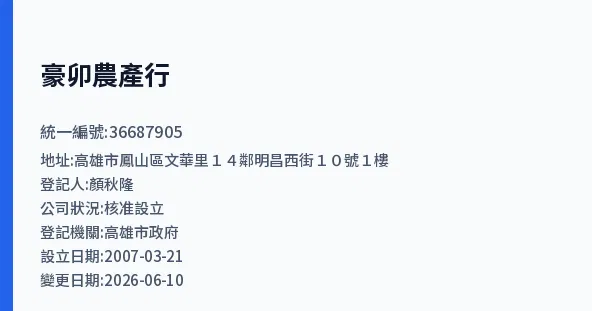 豪卯農產行的照片-統編 36687905(高雄市) 公司登記資料與營業項目詳細圖表