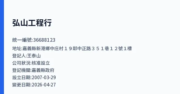 弘山工程行的照片-統編 36688123(嘉義縣) 公司登記資料與營業項目詳細圖表
