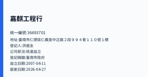 嘉麒工程行的照片-統編 36693701(臺南市) 公司登記資料與營業項目詳細圖表