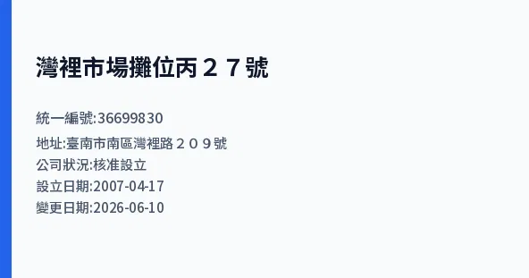 灣裡市場攤位丙27號的照片-統編 36699830(臺南市) 公司登記資料與營業項目詳細圖表