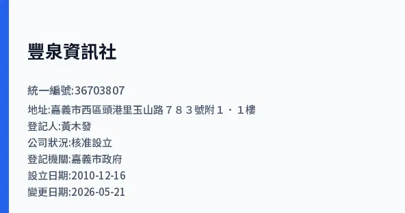 豐泉資訊社的照片-統編 36703807(嘉義市) 公司登記資料與營業項目詳細圖表