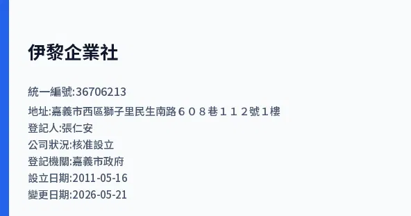 伊黎企業社的照片-統編 36706213(嘉義市) 公司登記資料與營業項目詳細圖表