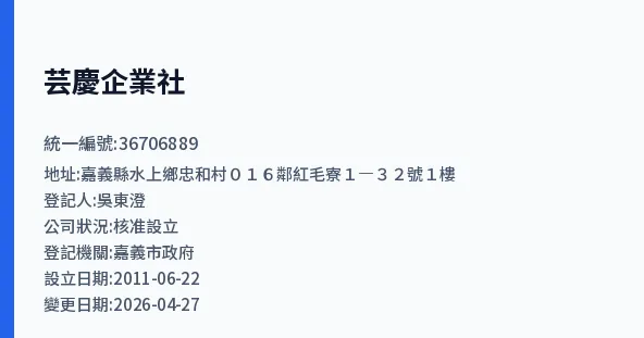 芸慶企業社的照片-統編 36706889(嘉義縣) 公司登記資料與營業項目詳細圖表