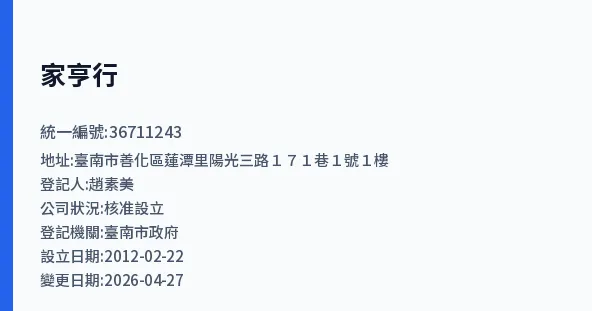 家亨行的照片-統編 36711243(臺南市) 公司登記資料與營業項目詳細圖表