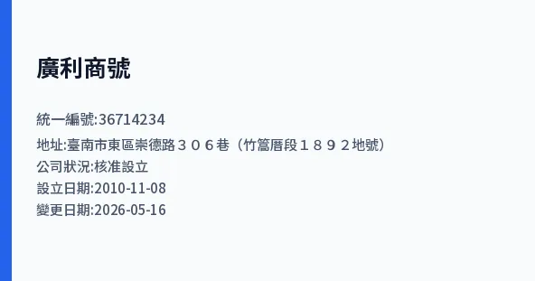 廣利商號的照片-統編 36714234(臺南市) 公司登記資料與營業項目詳細圖表