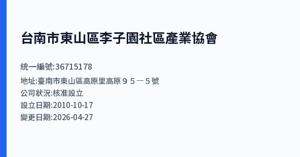台南市東山區李子園社區產業協會的照片-統編 36715178(臺南市) 公司登記資料與營業項目詳細圖表