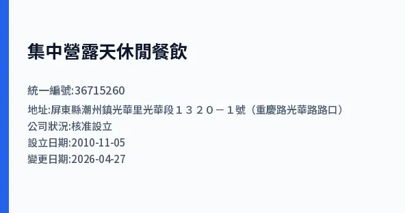 集中營露天休閒餐飲的照片-統編 36715260(屏東縣) 公司登記資料與營業項目詳細圖表