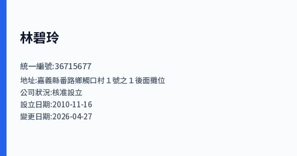 林碧玲的照片-統編 36715677(嘉義縣) 公司登記資料與營業項目詳細圖表