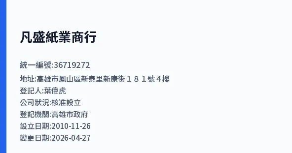 凡盛紙業商行的照片-統編 36719272(高雄市) 公司登記資料與營業項目詳細圖表