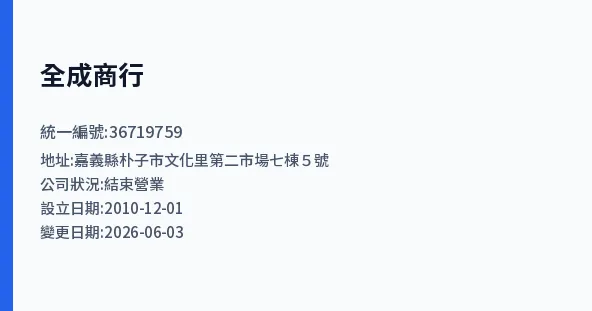 全成商行的照片-統編 36719759(嘉義縣) 公司登記資料與營業項目詳細圖表