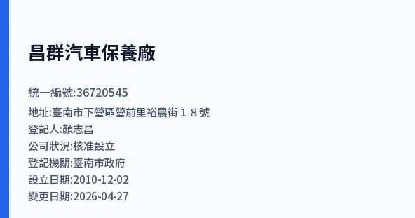 昌群汽車保養廠的照片-統編 36720545(臺南市) 公司登記資料與營業項目詳細圖表