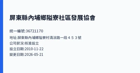 屏東縣內埔鄉隘寮社區發展協會的照片-統編 36721170(屏東縣) 公司登記資料與營業項目詳細圖表