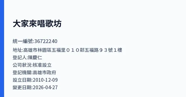 大家來唱歌坊的照片-統編 36722240(高雄市) 公司登記資料與營業項目詳細圖表