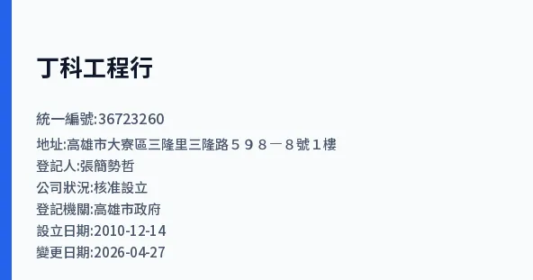 丁科工程行的照片-統編 36723260(高雄市) 公司登記資料與營業項目詳細圖表