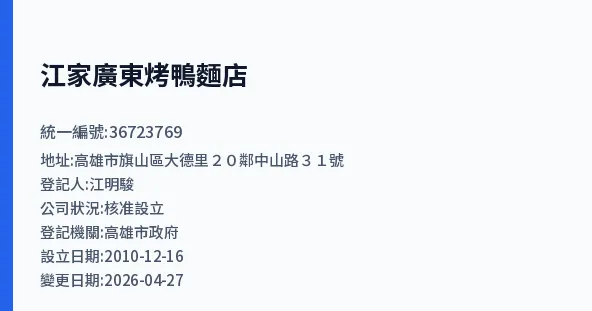 江家廣東烤鴨麵店的照片-統編 36723769(高雄市) 公司登記資料與營業項目詳細圖表