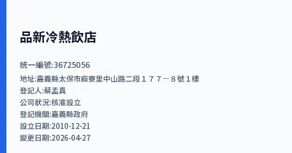 品新冷熱飲店的照片-統編 36725056(嘉義縣) 公司登記資料與營業項目詳細圖表