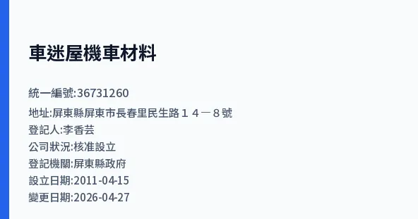 車迷屋機車材料的照片-統編 36731260(屏東縣) 公司登記資料與營業項目詳細圖表