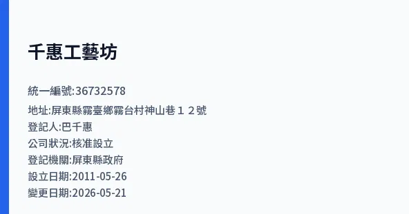 千惠工藝坊的照片-統編 36732578(屏東縣) 公司登記資料與營業項目詳細圖表
