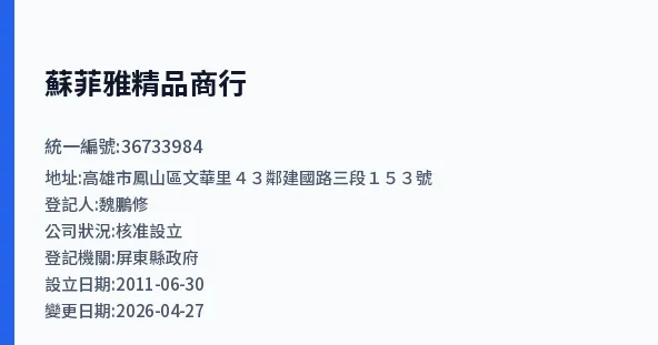 蘇菲雅精品商行的照片-統編 36733984(高雄市) 公司登記資料與營業項目詳細圖表