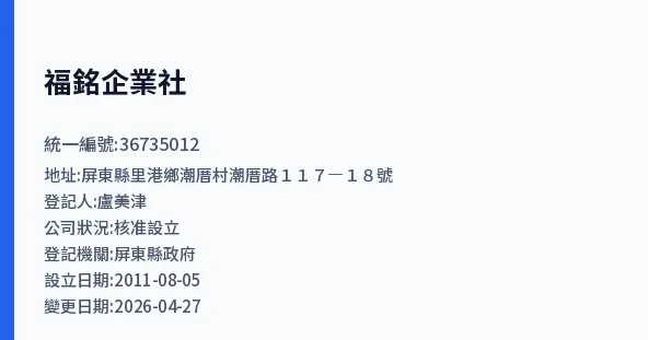 福銘企業社的照片-統編 36735012(屏東縣) 公司登記資料與營業項目詳細圖表