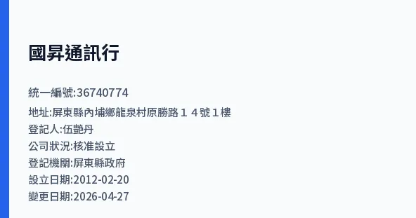 國昇通訊行的照片-統編 36740774(屏東縣) 公司登記資料與營業項目詳細圖表