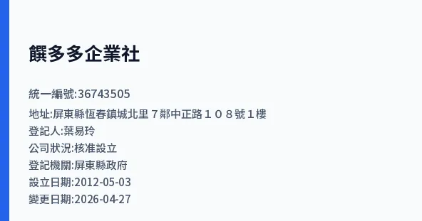 饌多多企業社的照片-統編 36743505(屏東縣) 公司登記資料與營業項目詳細圖表