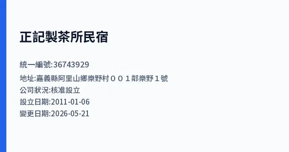 正記製茶所民宿的照片-統編 36743929(嘉義縣) 公司登記資料與營業項目詳細圖表