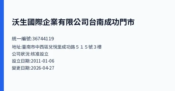 沃生國際企業有限公司台南成功門市的照片-統編 36744119(臺南市) 公司登記資料與營業項目詳細圖表