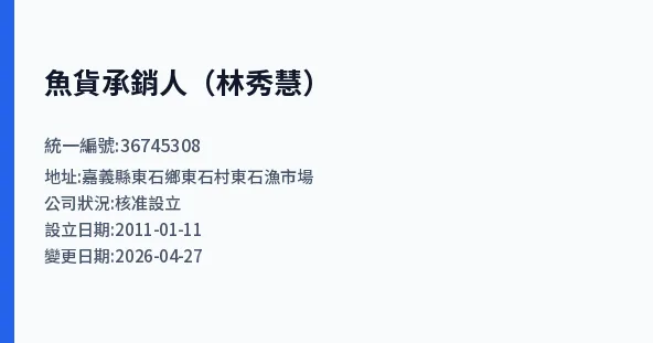 魚貨承銷人(林秀慧)的照片-統編 36745308(嘉義縣) 公司登記資料與營業項目詳細圖表